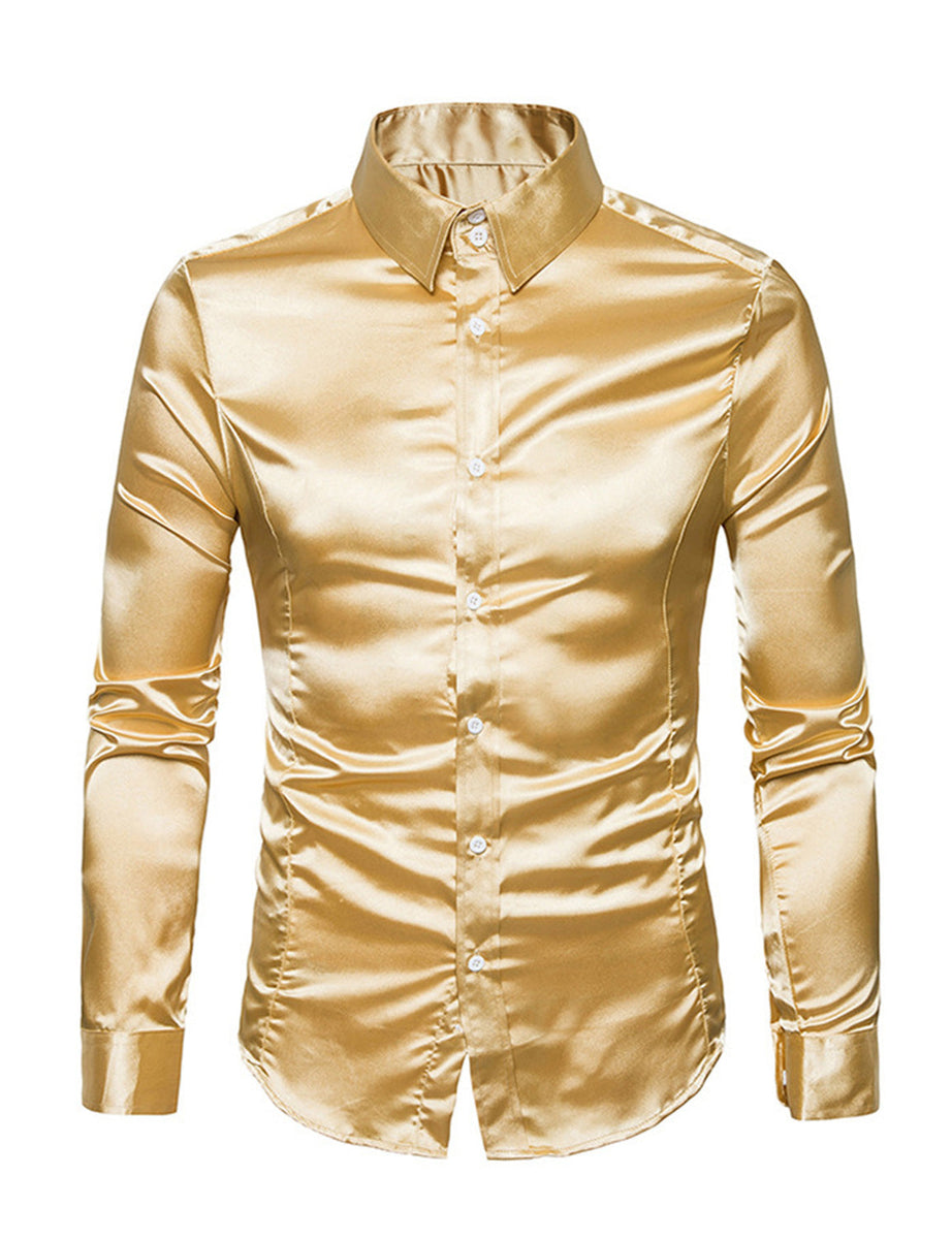 Chemise de soirée à manches longues en satin lisse boutonné pour homme ...